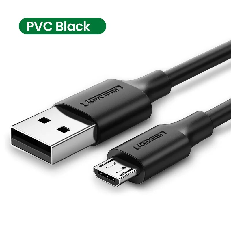 Кабель Micro USB Ugreen для телефонов Android, 3A, 0.25-3 м 0.5m, PVC Black