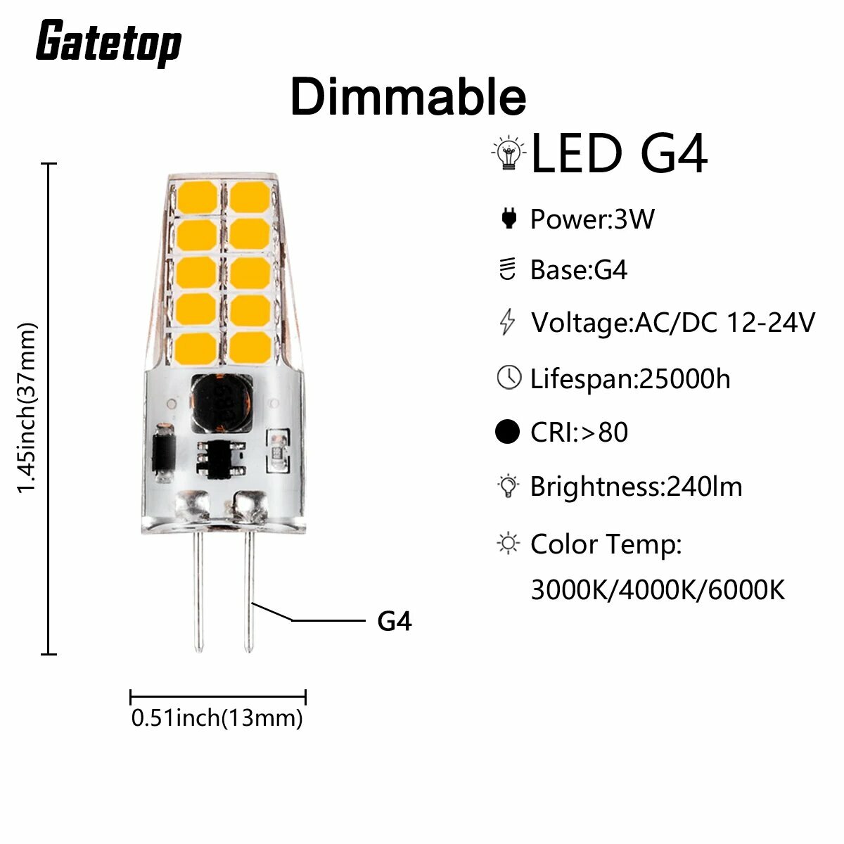 Светодиодные лампочки Gatetop G4 12В 1.2/1.4/2/3Вт G4 3W, 10 шт, Warm light 3000K