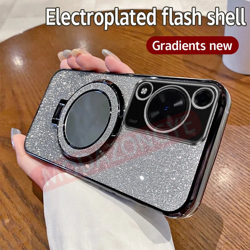 Чехол для Huawei Nova Y72, мягкий силиконовый гальванический Мягкий чехол из ТПУ, чехол для телефона с магнитным кронштейном и зеркалом black, MGA-LX3