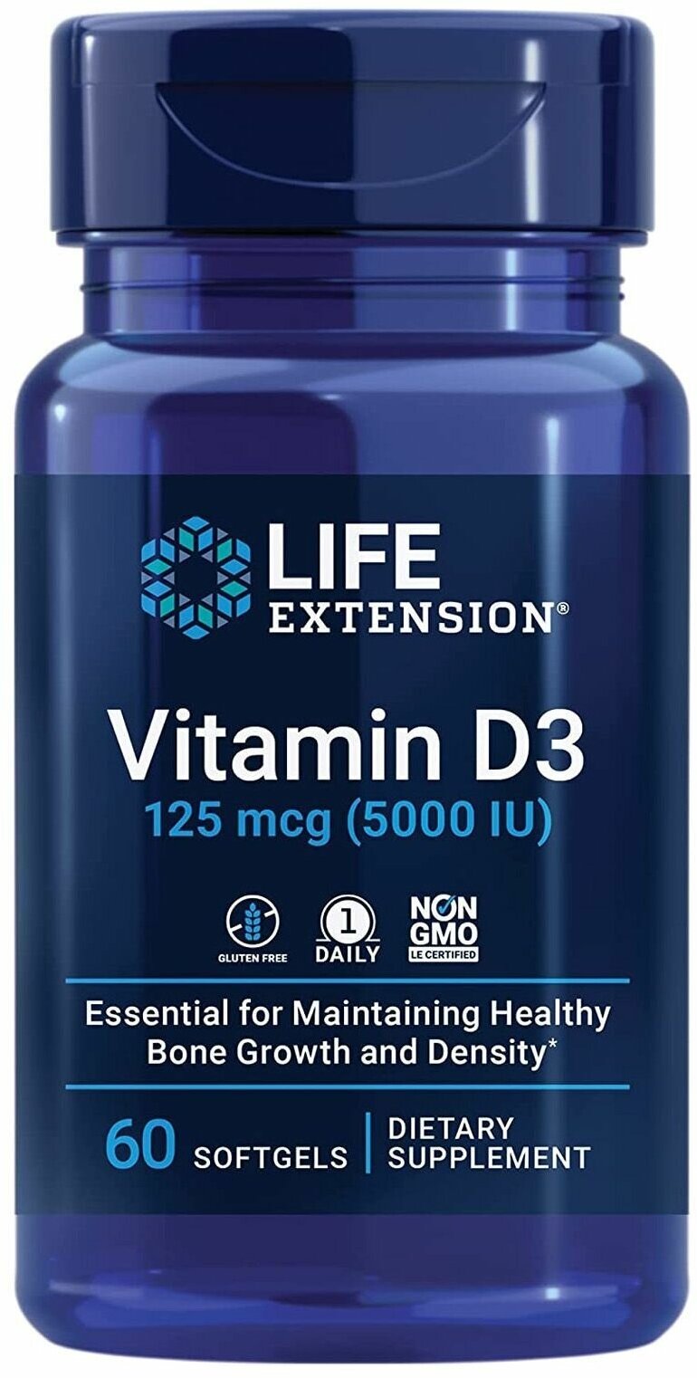 Life Extension Vitamin D3 125 mcg (5000 IU) 60 softgels для иммунитета