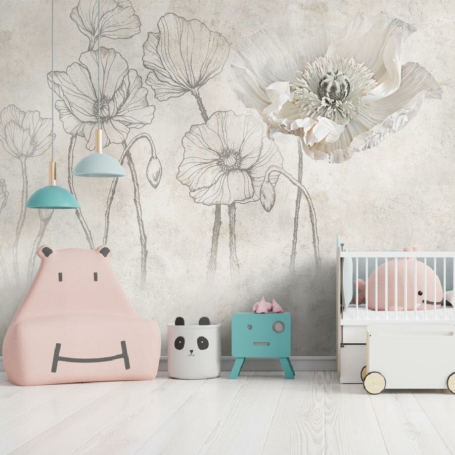 Фотообои в гостиную маки на каменной стене 13-663-M-Песок 270 x 300 см (ВхШ) Метровые, флизелиновые, влагостойкие обои MasterFresok