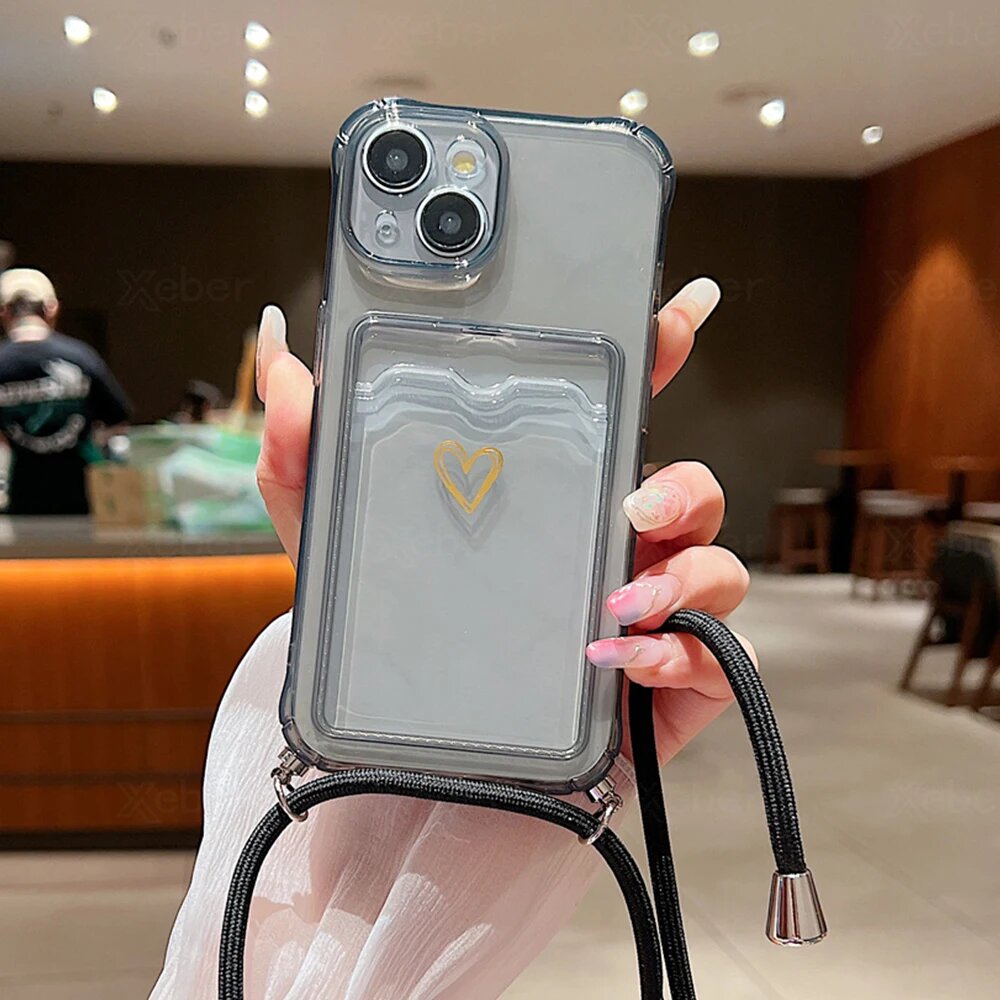 Сумка через плечо с ремешком и ожерельем, слотом для карт, прозрачный чехол Black, For iPhone 12 Pro