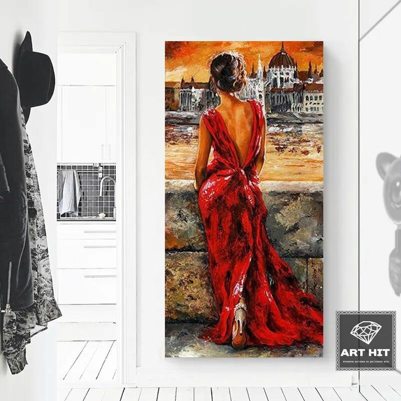 Картина вертикальная на стену, Девушка в красном платье, 40х80 см.