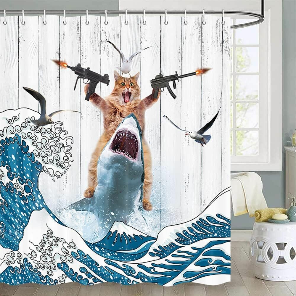 Душевая занавеска Смешная кошачья езда на акуле-Huayao