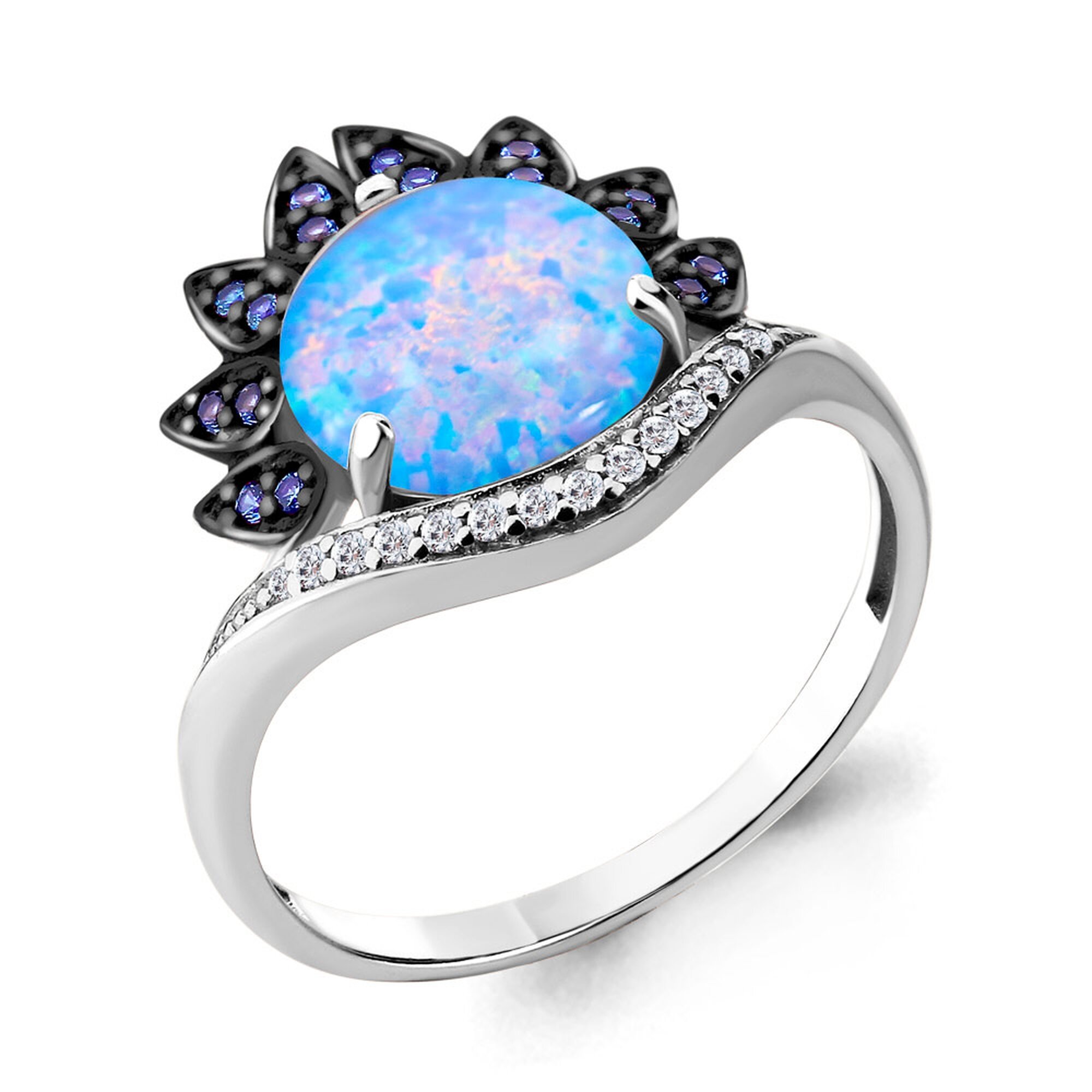 Кольцо, серебро, 925 проба, родирование, опал, фианит