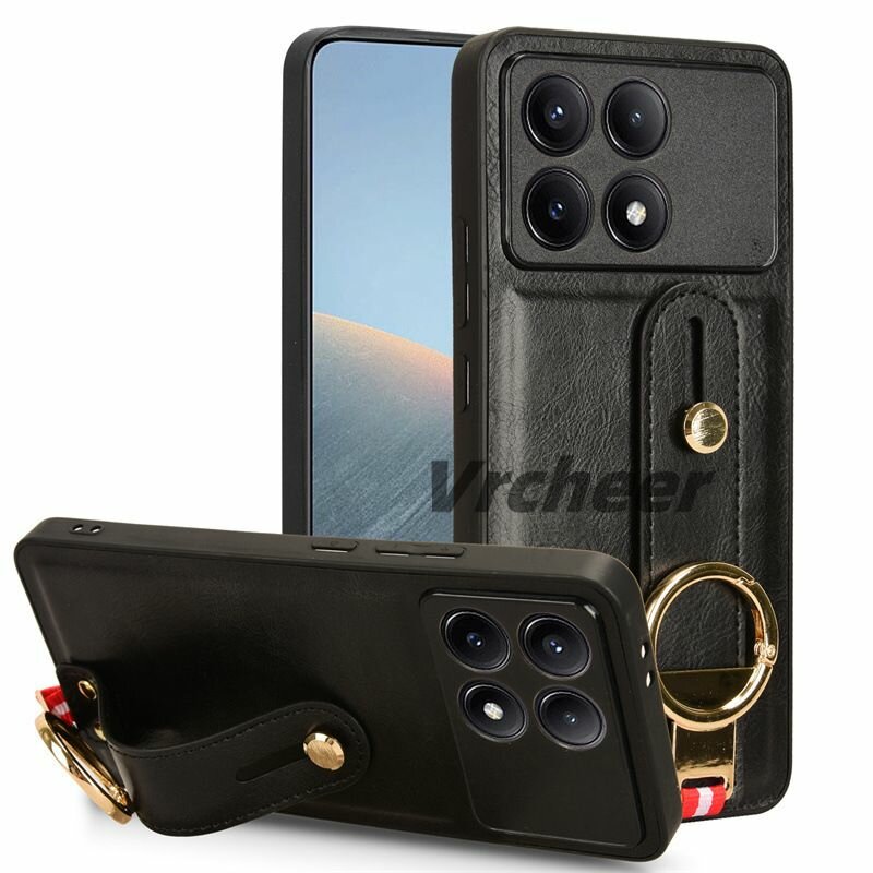 Стильный на Кожаный чехол для телефона Xiaomi Poco X6 Pro 5G( Ксяоми Поко X6 про 5G ) с Браслет, черный