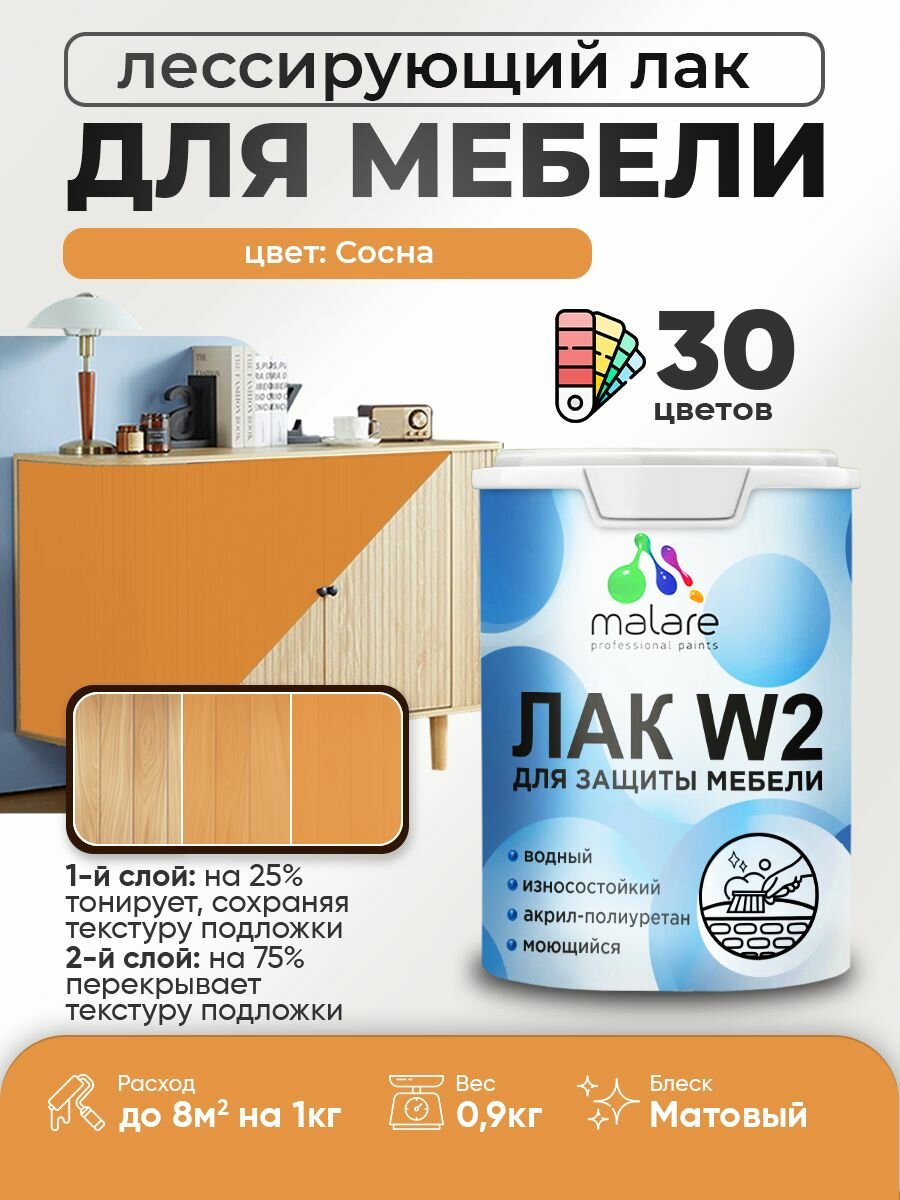 Лак колерованный тонирующий лак для мебели Malare W2 для кухонных фасадов, для дерева и минеральных поверхностей, акриловый быстросохнущий без запаха, матовый, сосна, 0.9 кг.