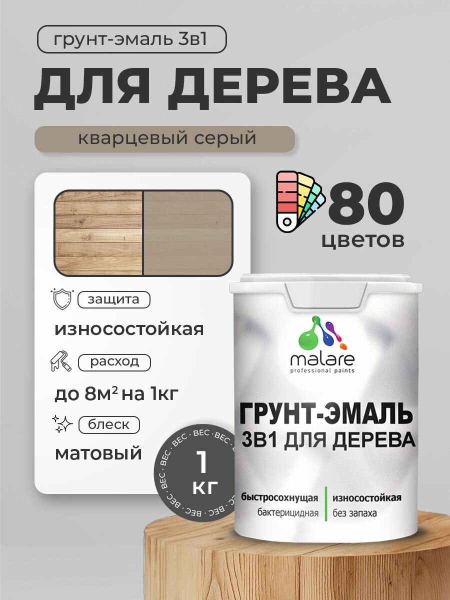 Акриловая Грунт-Эмаль 3 в 1 Malare для деревянных поверхностей/ краска по дереву с антисептическим эффектом/ быстросохнущая моющаяся без запаха матовая, кварцевый серый, 1 кг