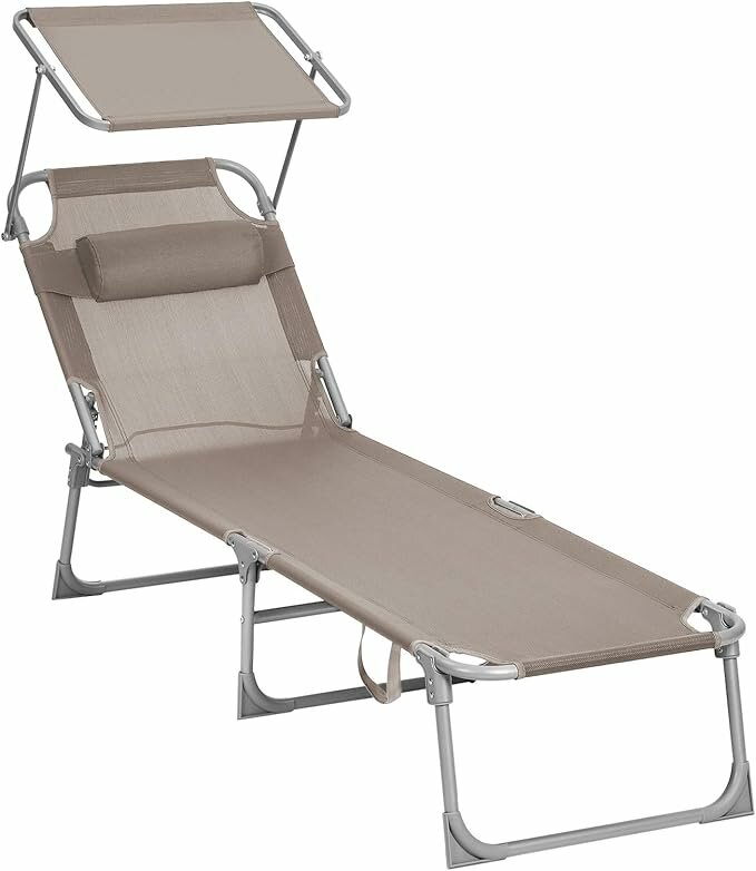 Шезлонг SONGMICS - складной, с козырьком, 53 х 193 х 29 см, серо-коричневый, GCB192K01