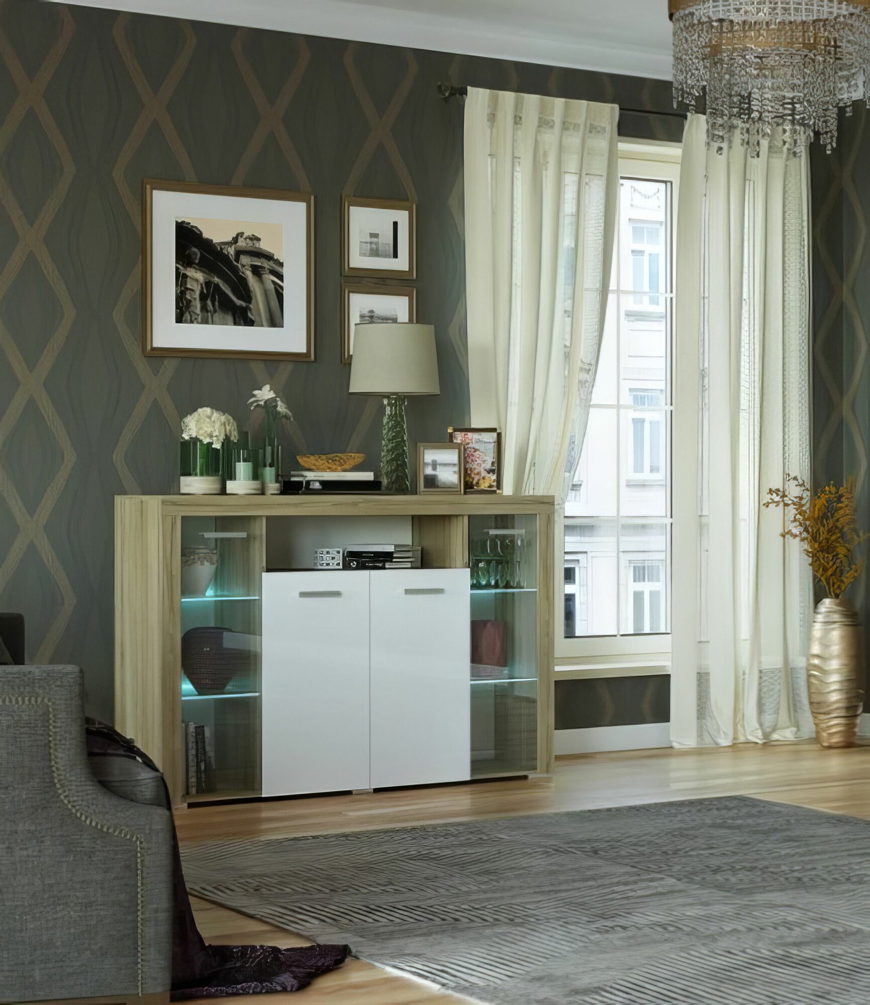 Орландо Комод-витрина Сонома-Белый глянец (памир)