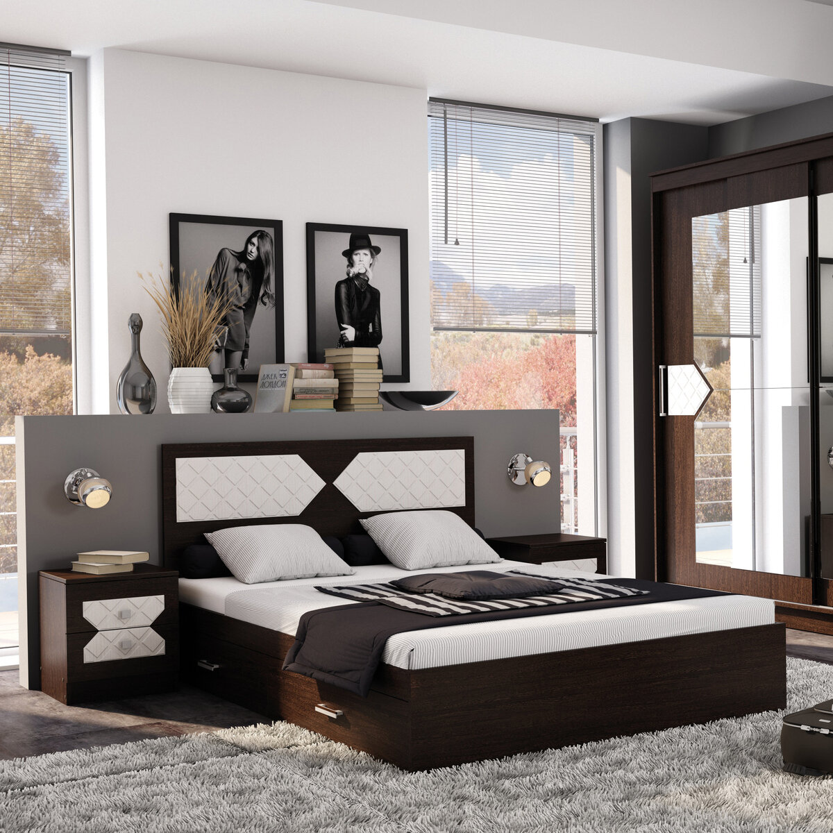 Двуспальная кровать с двумя выдвижными ящиками Николь 160х200 см Эра Венге/ Лиственница светлая