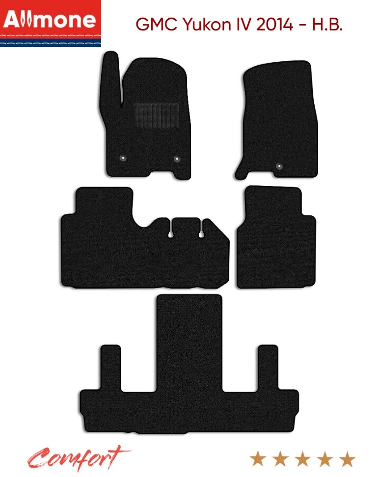 Ворсовые коврики для GMC Yukon 4 (K2UG) 2014 - Н. В. +3 ряд, черные, Allmone, "Комфорт" 5шт, / ГМЦ Юкон 4