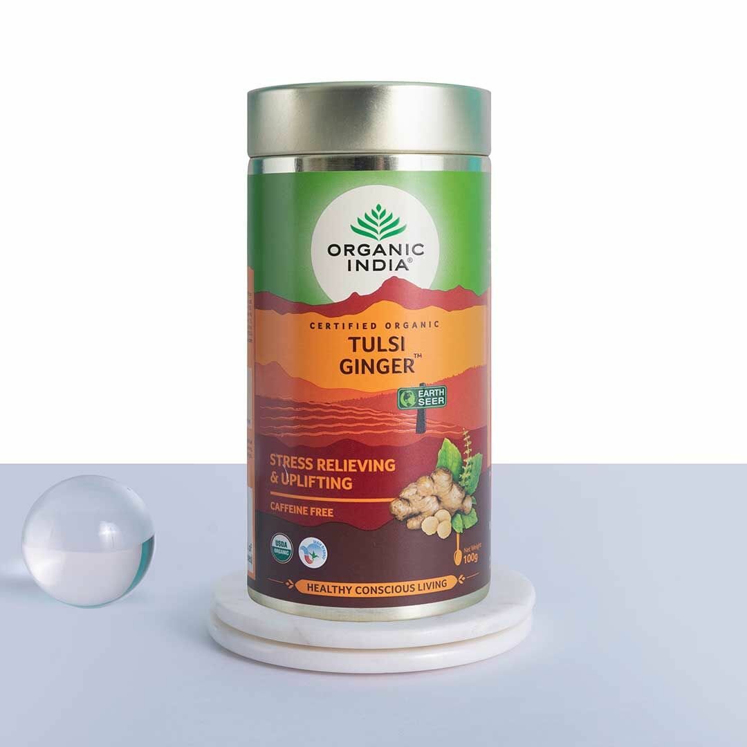 Organic India Tulsi Ginger 100g / Напиток на Основе Листьев Священного Базилика + Имбирь 100г