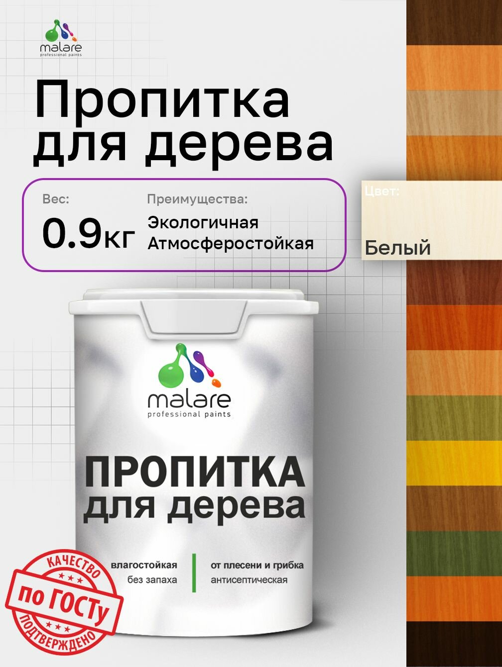 Пропитка для дерева Malare от плесени и грибка с антисептическим эффектом, пропитка для наружных и внутренних работ, акриловая водная быстросохнущая без запаха, полуматовая, белый, 0,9 кг.