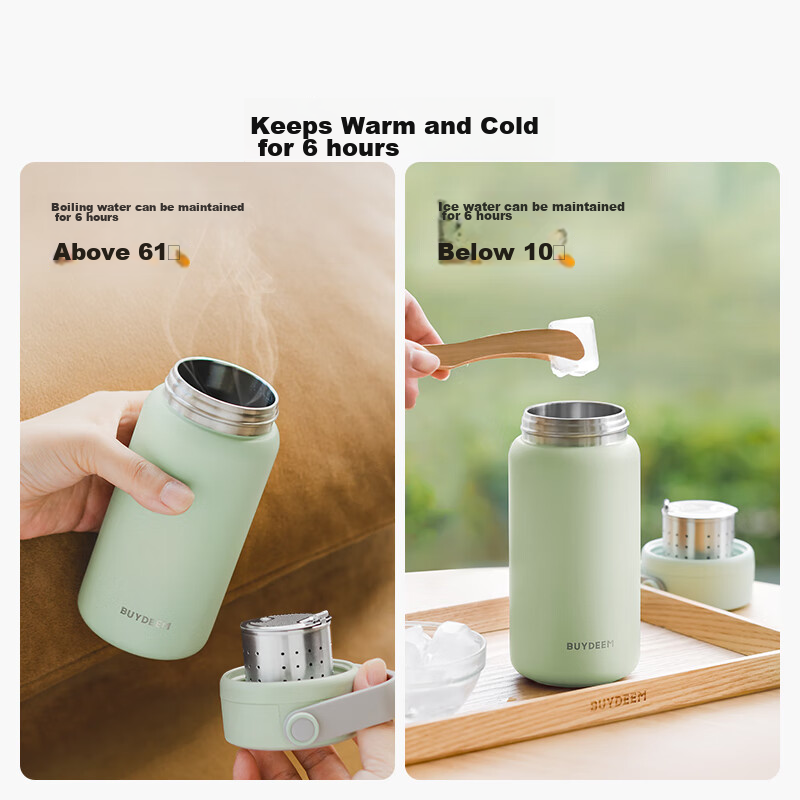 Buydeem Insulated Tea Infuser Bottle 316L Stainless Steel Large Capacity Water Bottle Men Women Tea Cup Yellow 640ml