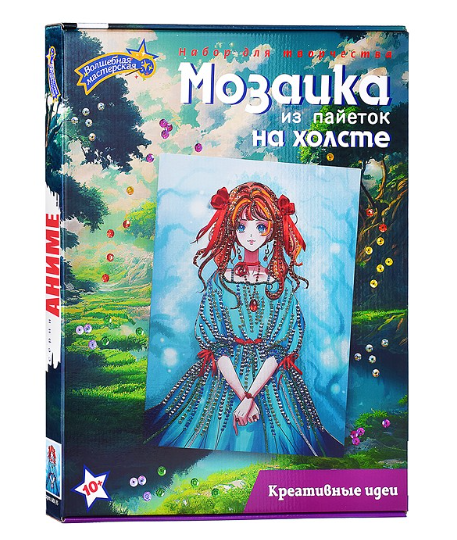 *Набор д/творч(ВолшМастерская) МозаикаИзПайетокНаХолсте Аниме Девушка [холст со схемой на подрамнике, пайетки, бисер, бусины, декор, гвоздики-булавки] (МХ-35)