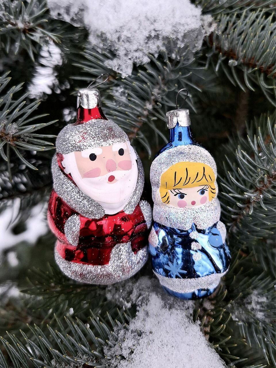 Набор стеклянных елочных игрушек Дед Мороз и Снегурочка, Игрушки новогодние стеклянные. Ручная работа