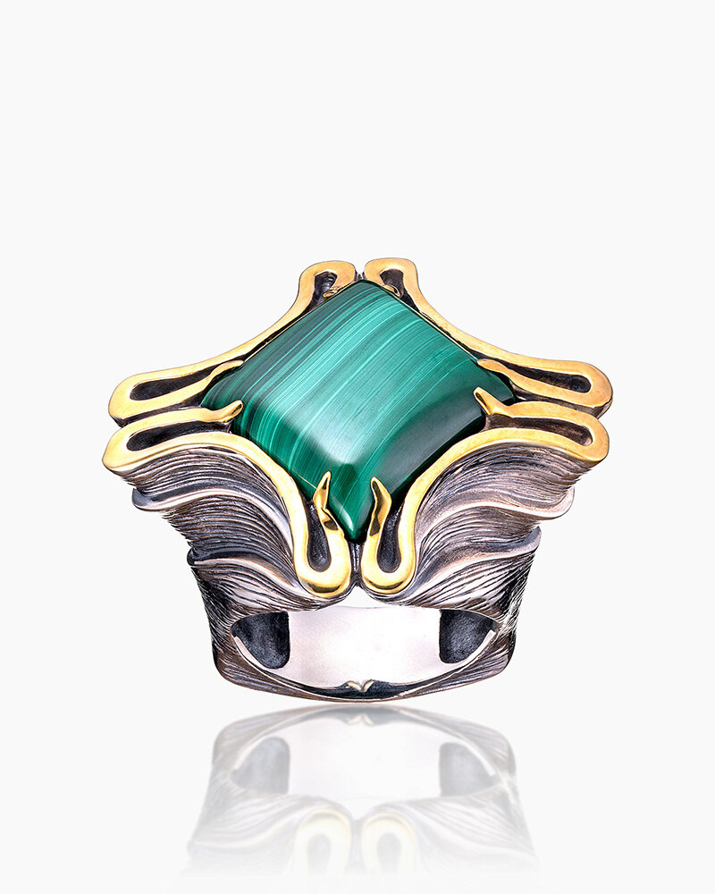 Кольцо, серебро, 925 проба, чернение, золочение, малахит