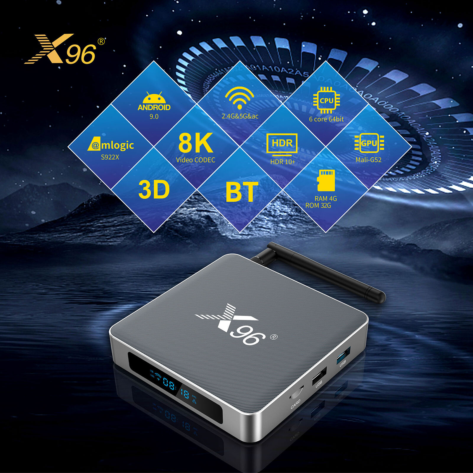 X96 X9 TV Box, Android 9.0, Amlogic S922X, 4 ГБ ОЗУ / 32 ГБ ПЗУ, WiFi 2.4G/5G, LAN 1000M, 4K медиаплеер, H.265/VP9, голосовой пульт ДУ