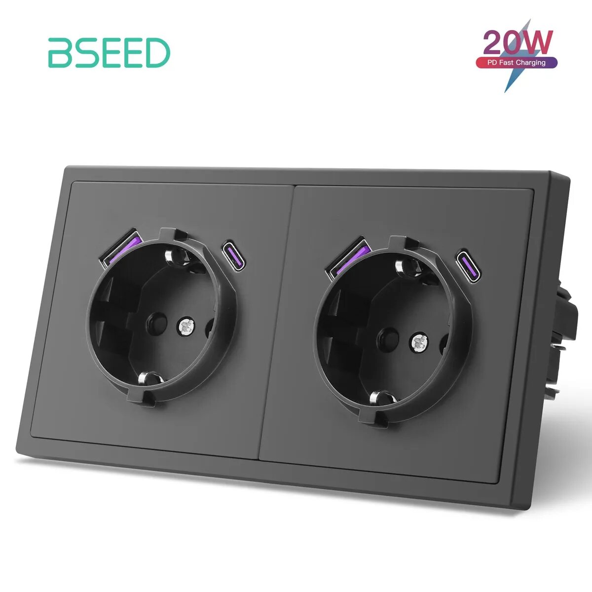 Розетка двойная с USB и type-C входами, быстрая зарядка 20W Настенный розетка с когтями, PC рамка Серая