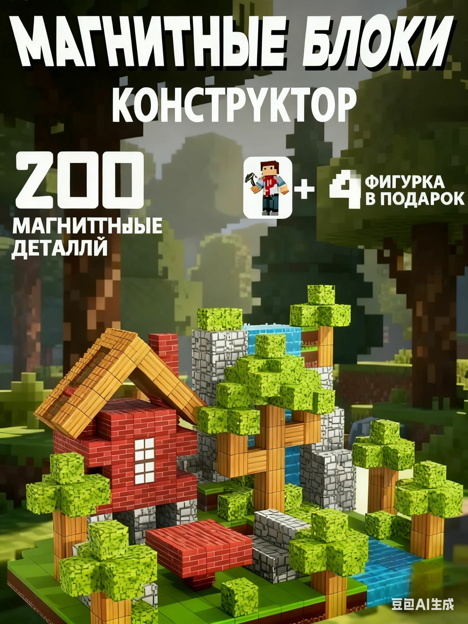 Конструктор "Майнкрафт", магнитный, 210 деталей, 10 мини-фигур, для детей 3-14 лет