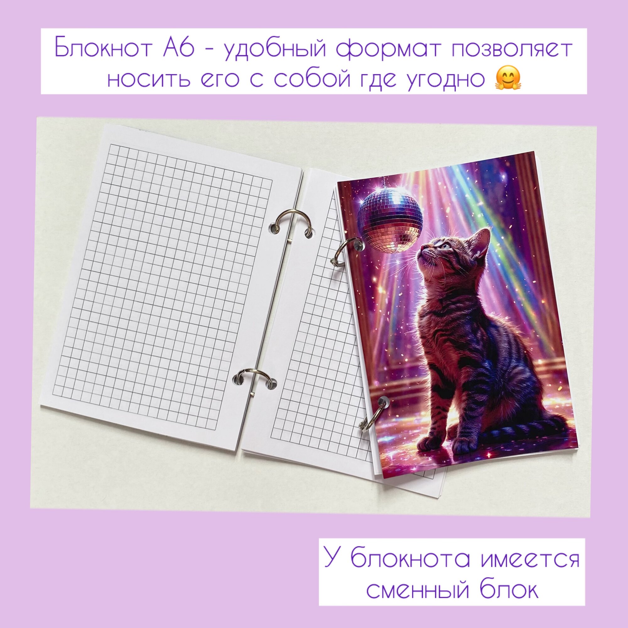 Блокнот «Диско-кот», формат А6, 30 листов, в клетку, сменный блок.