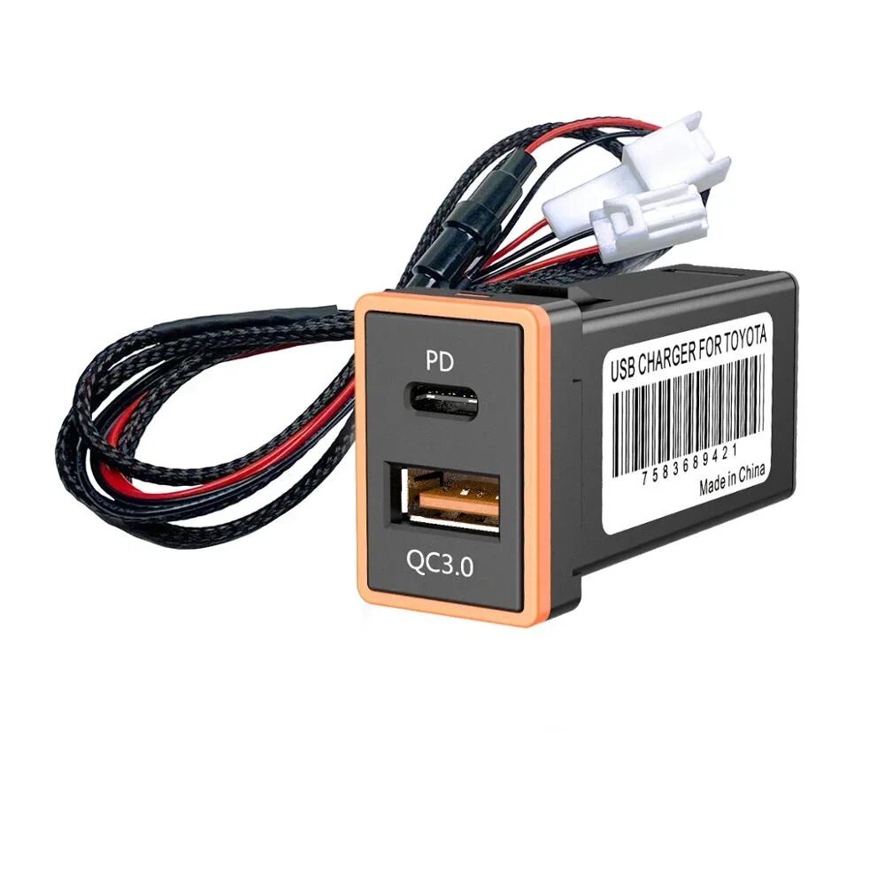 YANDZ QC3.0 Автомобильное зарядное устройство с двумя портами Type-C 2USB Автомобильные аксессуары Адаптер вольтметра Разъем для быстрой зарядки для Toyota Orange cigar cable