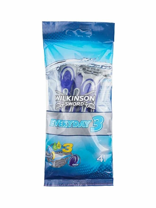 Wilkinson Sword Everyday 3, Станок для бритья мужской, станок одноразовый с увлажняющей полоской, прорезиненной ручкой, 4 шт.