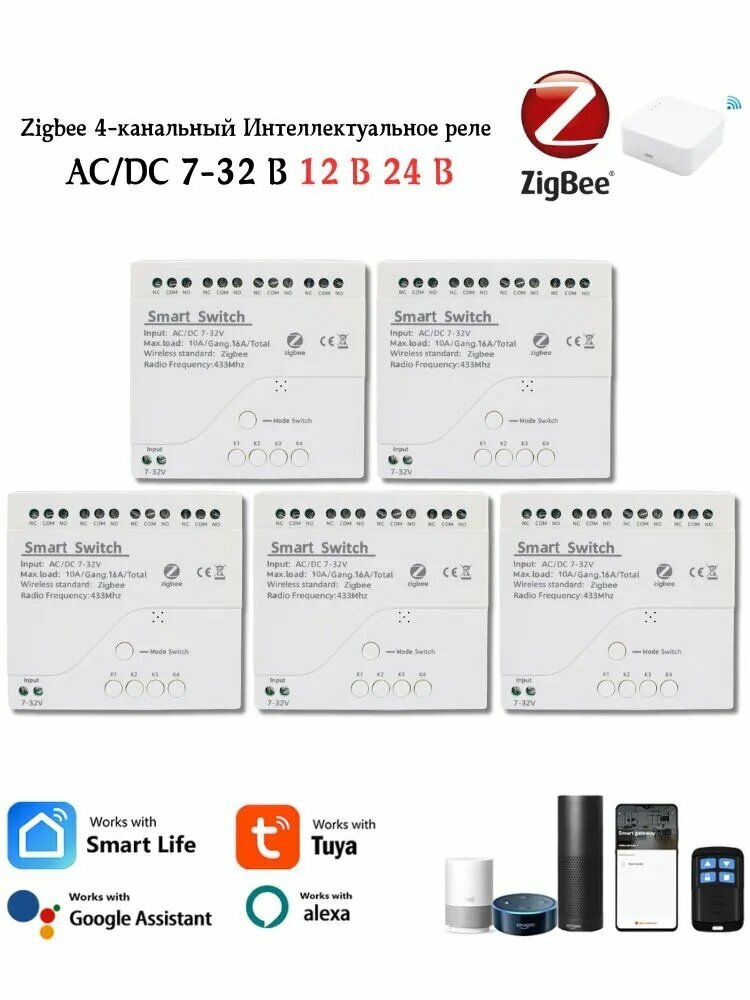 5 шт Zigbee 4 канала Умный WiFi выключатель DC 12V 24V на DIN рейку Реле Для светодиодных лент, управления двигателями и домашней автоматизации