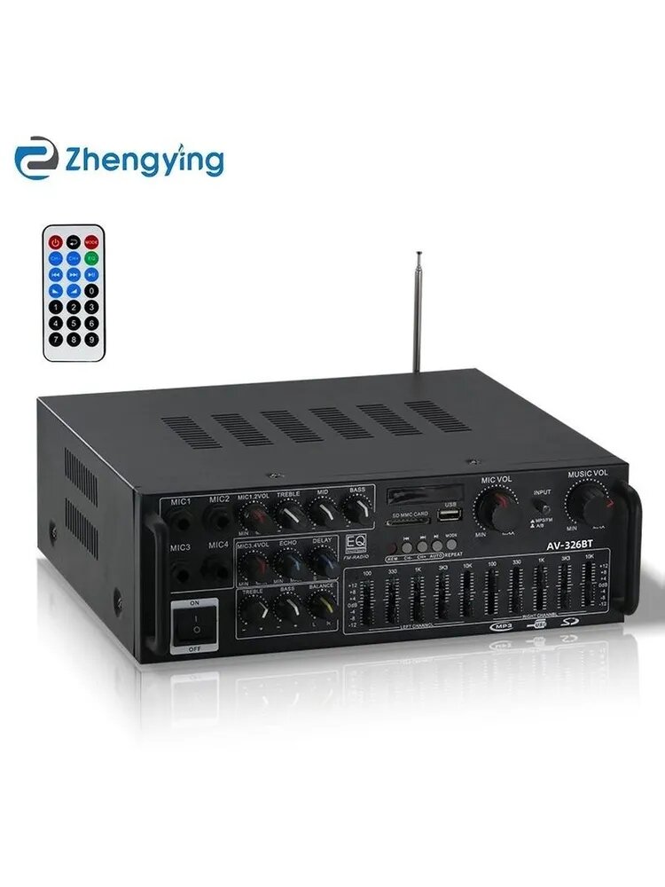 Мощный стерео усилитель 200W+200W AV-326BT - домашний/автомобильный/портативный с Bluetooth 5.0, эквалайзером, входом для микрофона (караоке), питание 12V/220V, Hi-Fi звук (20Hz-20kHz)