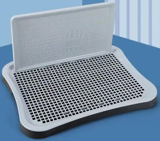 Лоток для собак под пеленку со стенкой и столбиком тёмно-серый