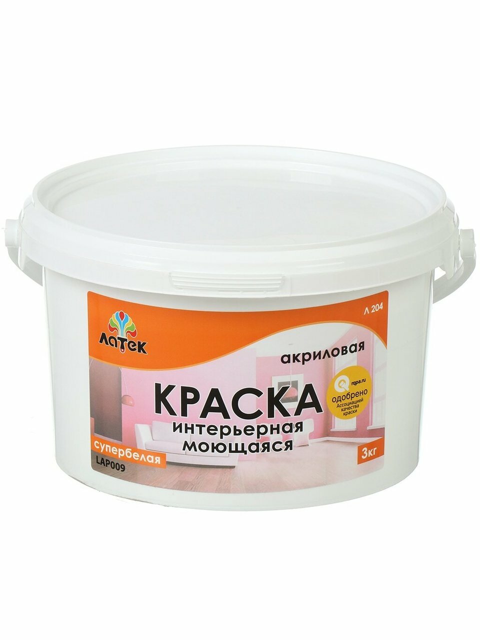 Краска водно-дисперсионная Оптимист Латек Л204 акриловая интерьерная моющаяся матовая супербелая 3 кг для стен и потолка