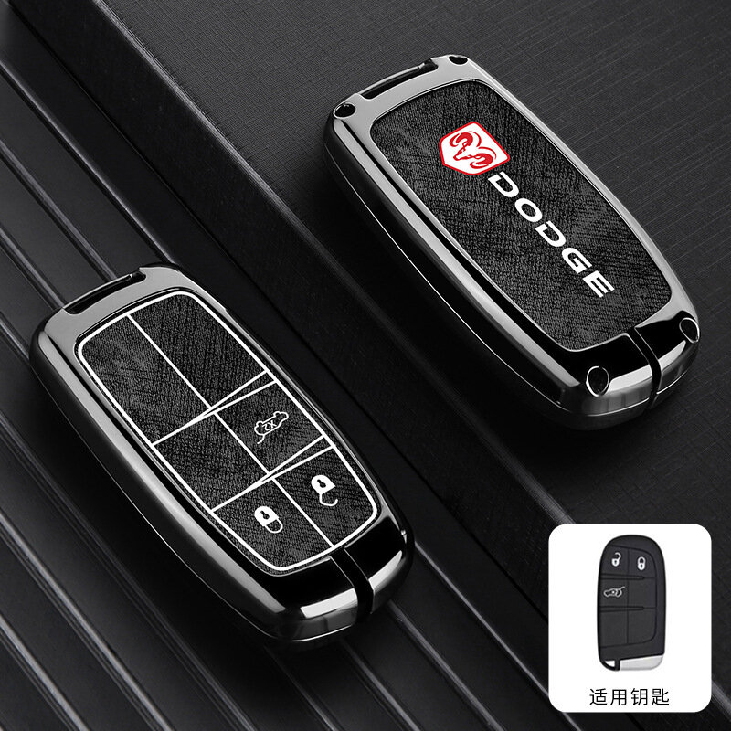 Металлический чехол для ключей для Dodge 3-ключевой с деним-узором и черной кожаной оболочкой одиночный