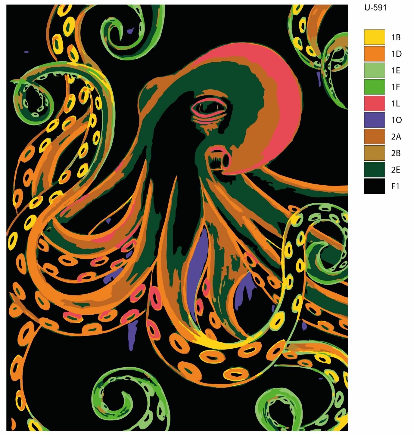 Картина по номерам U-591 "Неоновый гигантский осьминог с флуоресцентными красками" 60x80 см
