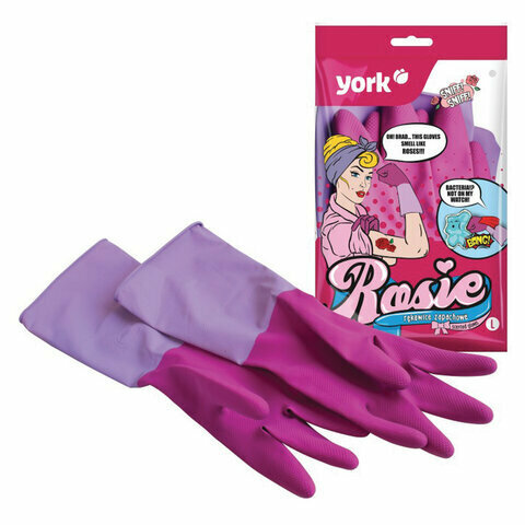 Перчатки резиновые, х/б напыление, рифленые пальцы, размер L, Роза, 75 г, прочные, YORK, 92370