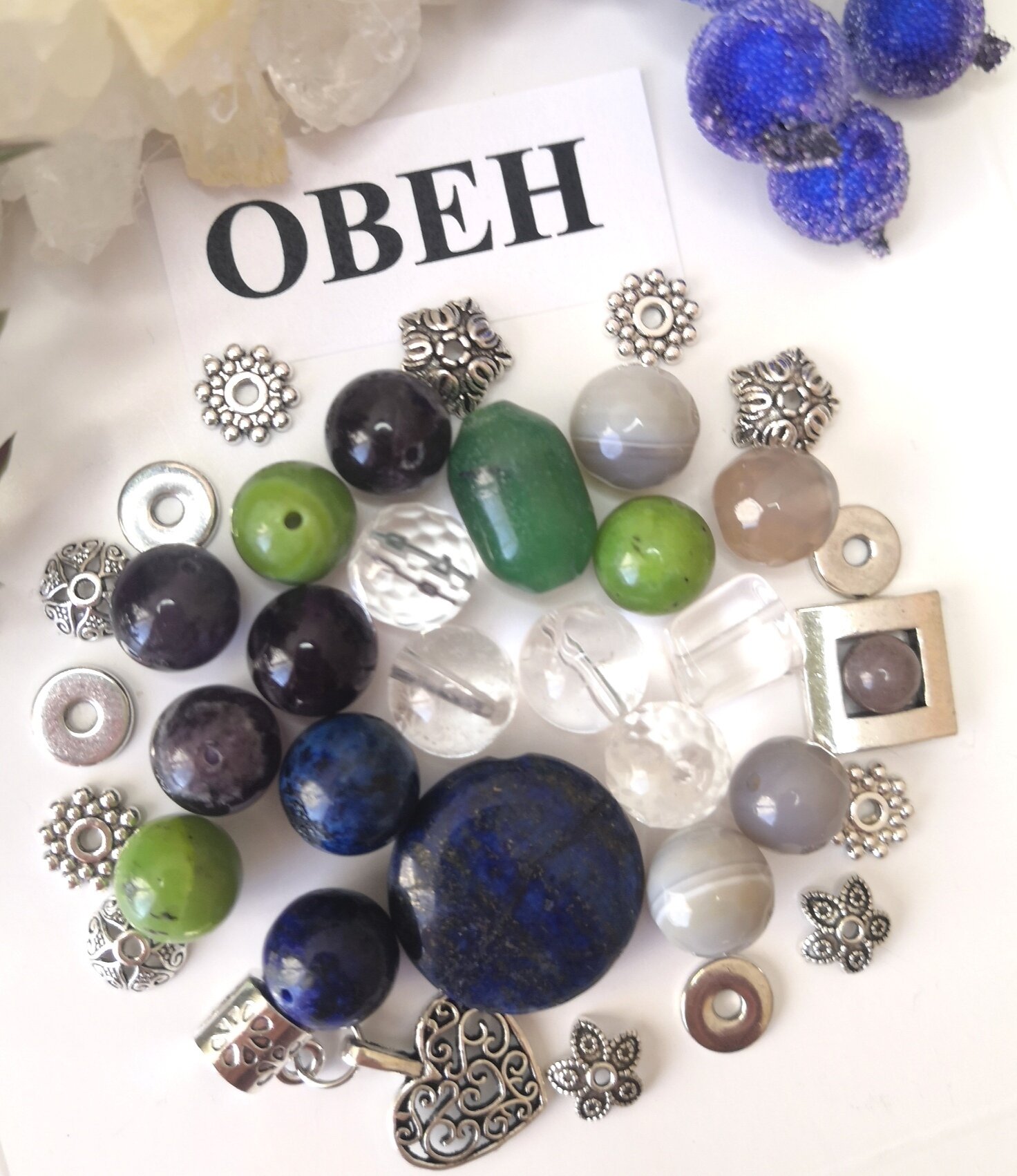 Набор камней для создания Браслета на любовь, здоровье и общее благополучие / Овен - Нефрит, Светлый Агат, Аметист, Горный хрусталь, Лазурит / Сделай сам Браслет и Брелок из натуральных камней