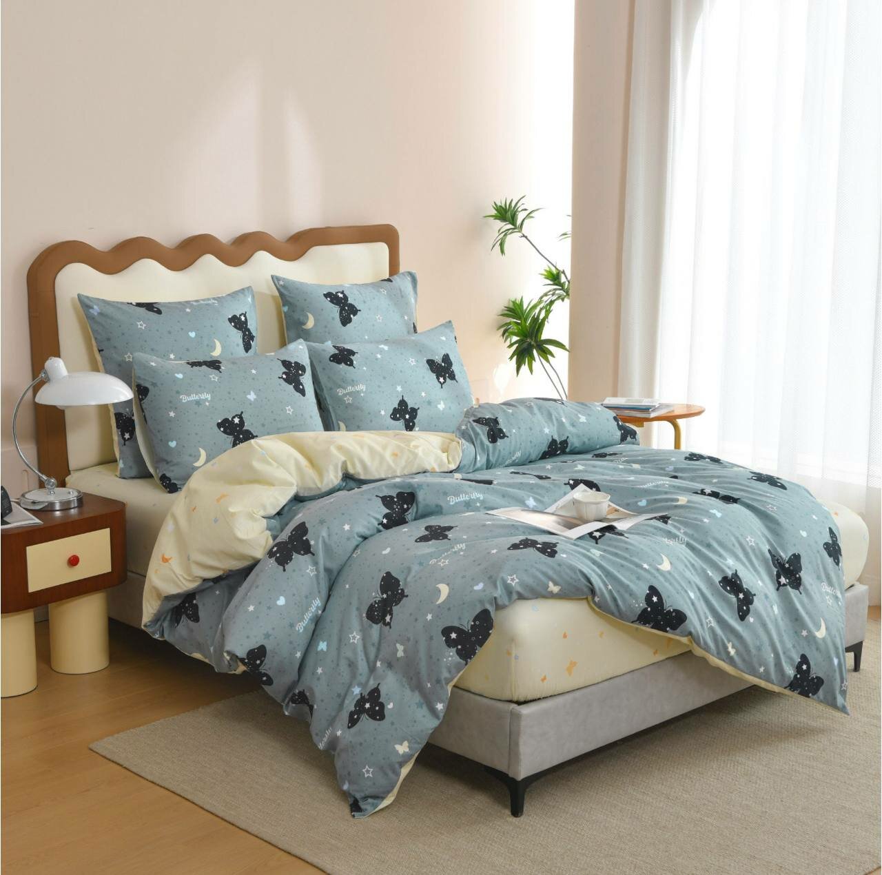 Комплект Постельного Белья Евро Сатин - Бабочки / простыня - 180x200+25 см на резинке по кругу