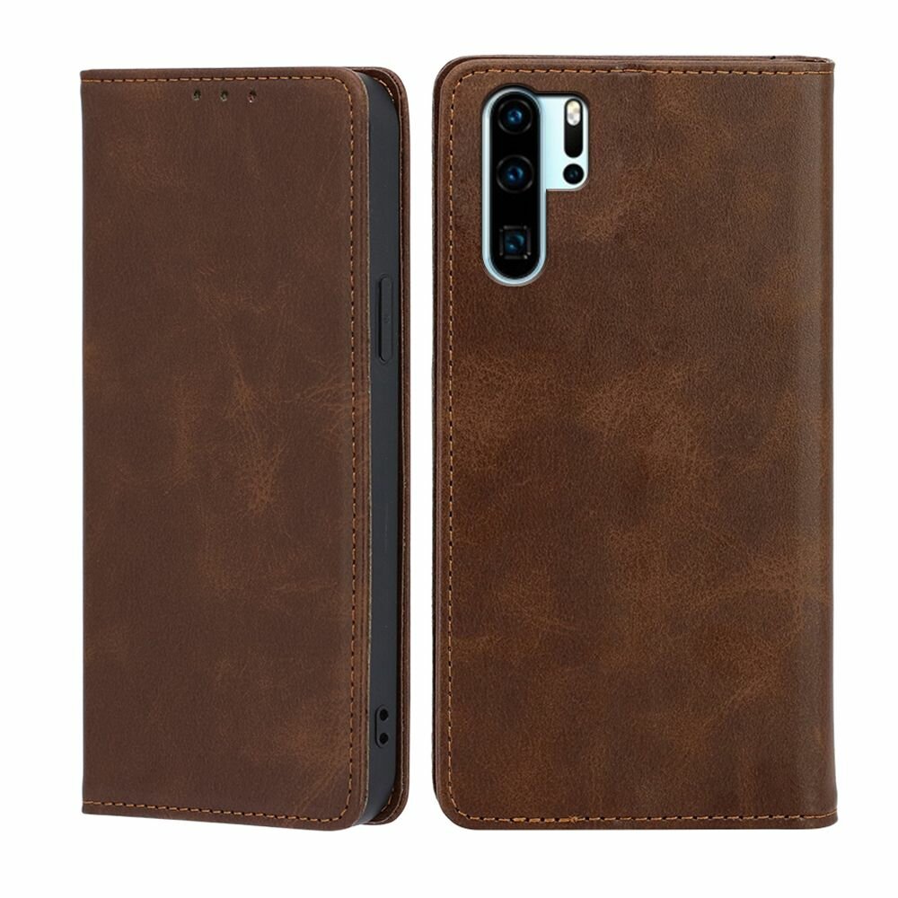 Чехол-книжка MyPads для Huawei P30 Pro / Хуавей P30 Про, Телячья кожа, закрывающаяся на магнит, коричневый