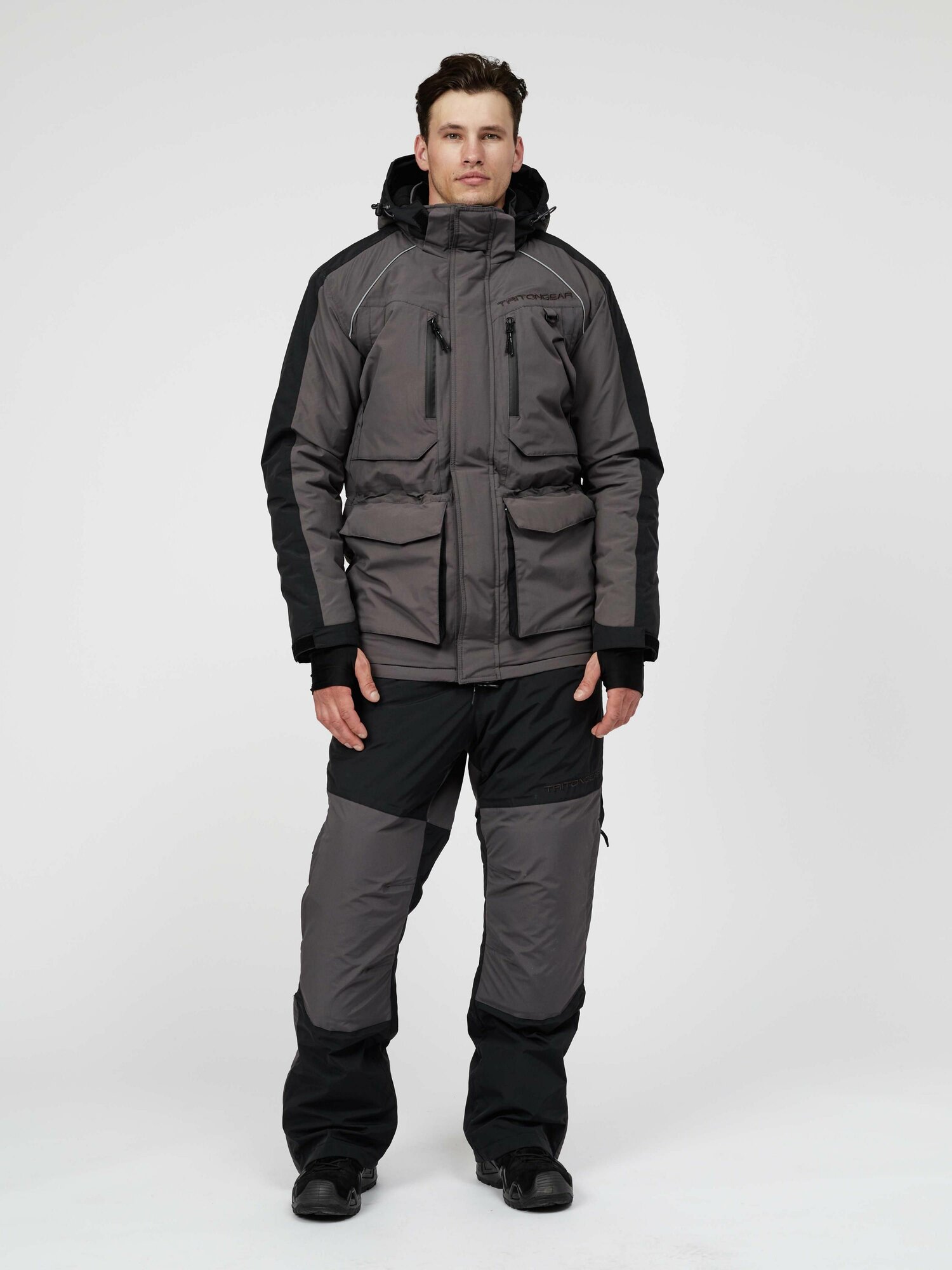 Костюм зимний с полукомбинезоном для рыбалки и активного отдыха "SOLID PRO" -45 ПК (Таслан, Серо-Черный) TRITON GEAR Размер 60-62 Рост 182-188