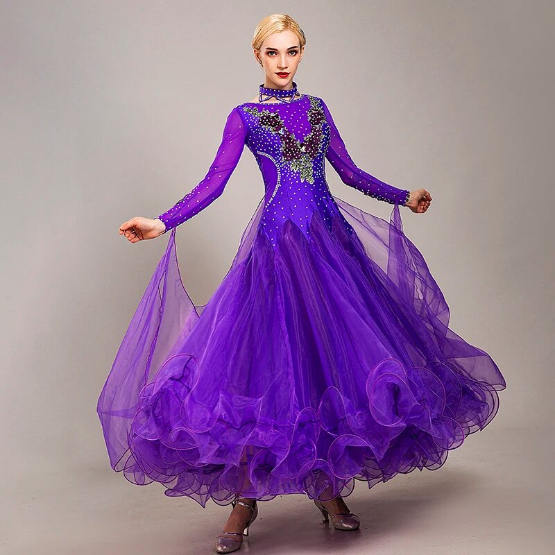Индивидуальное платье для бальных танцев из шелка и тюля Фиолетовый, S, фиолетовый