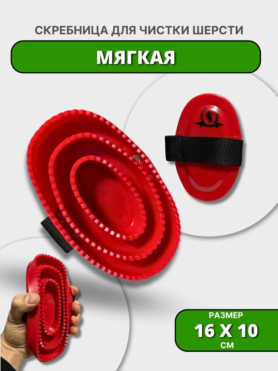 Sweet Horse/ Скребница гибкая из каучука, с ремешком, 16х10см, красная