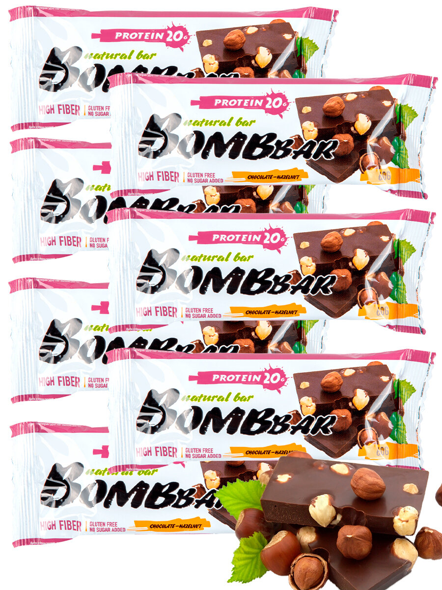 Протеиновый батончик BombBar Protein Bar 7 x 60 г, Шоколад - Фундук