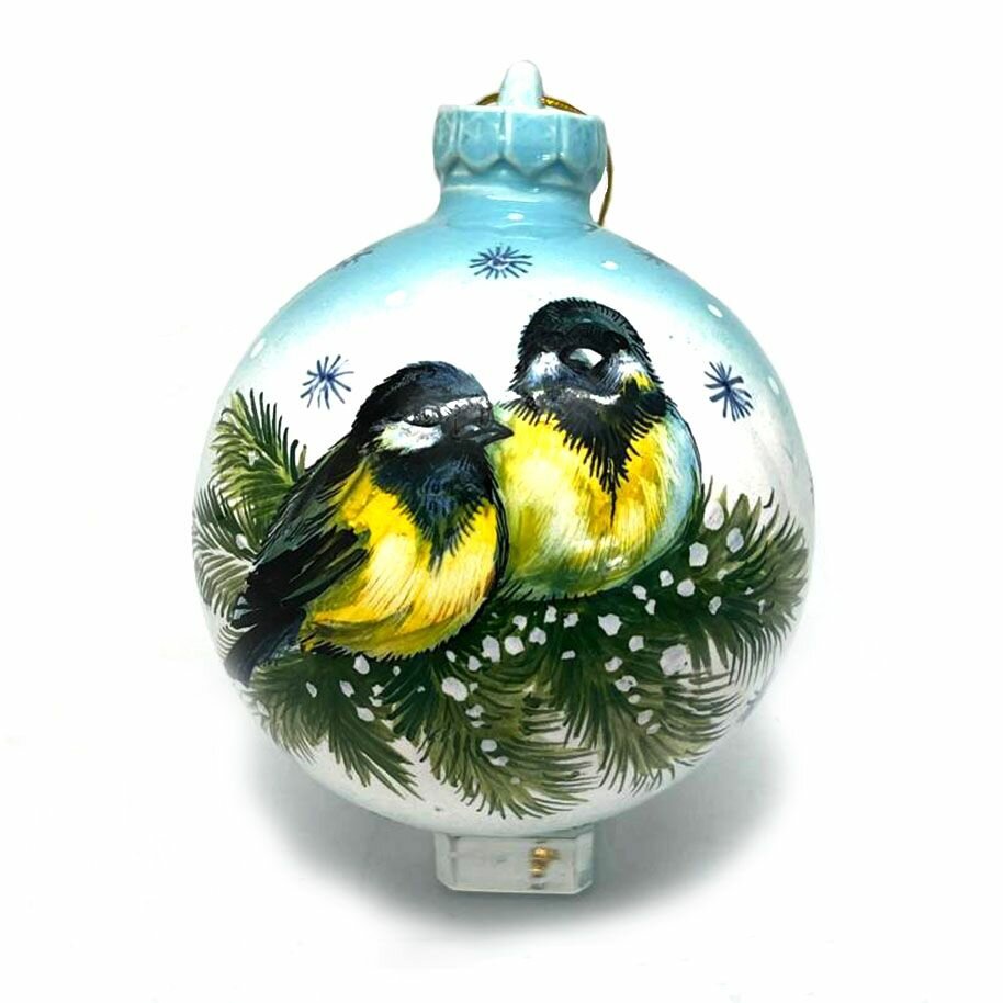 Фарфоровый Шар бирюзовый Синички, легкая ёлочная игрушка Sr-AH-44