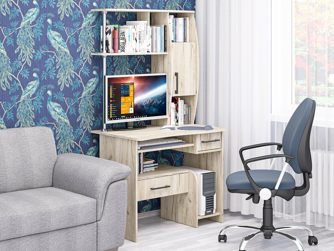 Стол компьютерный МК"Пирамида" СК-48 с надстройкой, 2 ящика, цвет крафт серый, 168х90х60 см