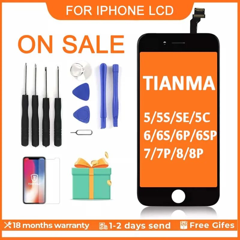 Премиум Tianma ЖК-экран для iPhone 6 7P 8 8Plus дисплей сенсорный экран для iPhone 5 5S 6S Plus экран без битых пикселей закаленное стекло 5S SE lcd black