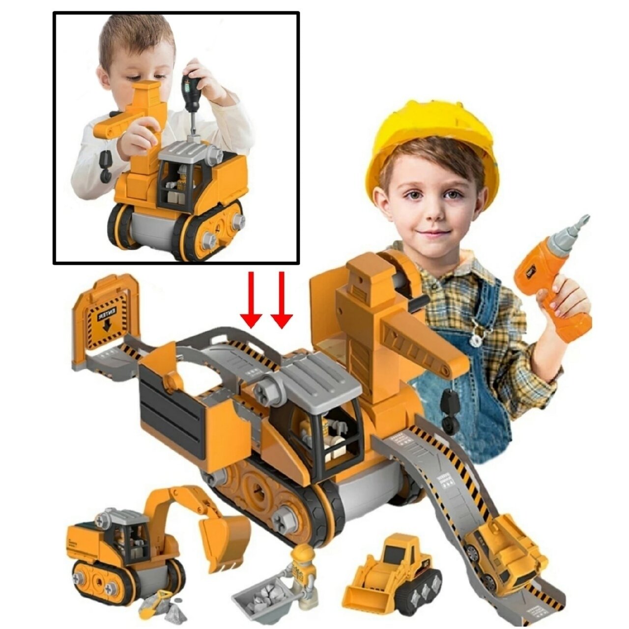 Развивающий детский конструктор с шуруповёртом и Экскаватором, и набором строительных машинок 4 шт.