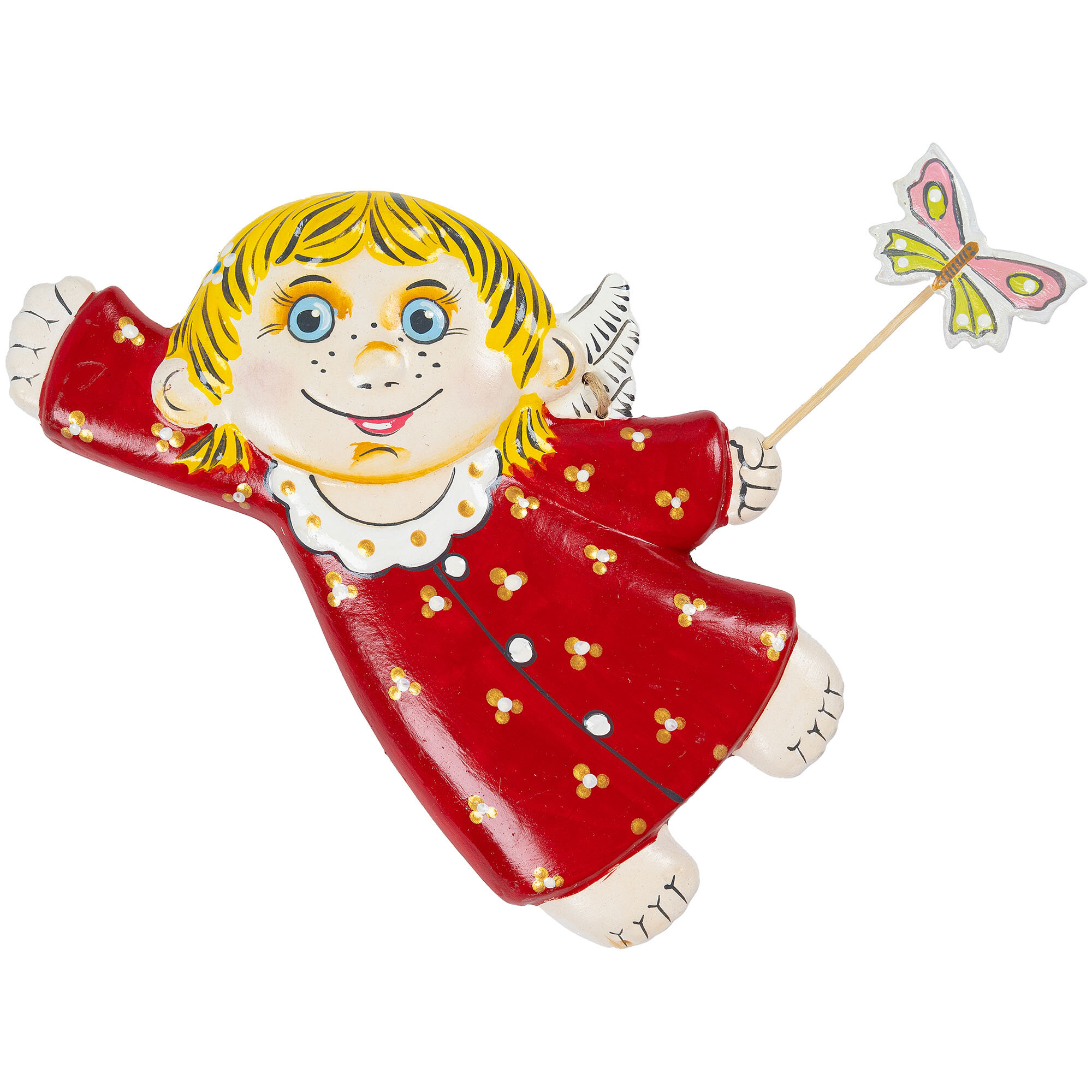 Панно декоративное Ангелочек летящий с бабочкой в красной одежде керамическое авторской ручной работы