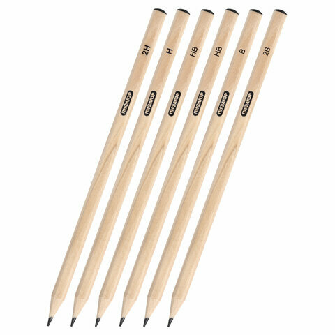 Карандаши чернографитные чертежные школьные разной твердости, набор 6 штук: 2H-2B, пифагор, 181999