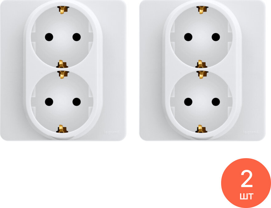Розетка силовая штепсельная Legrand / Легранд Inspiria IP20, белая 2-местная с заземляющими контактами, скрытая установка, 673750 / электрооборудование (комплект из 2 шт)