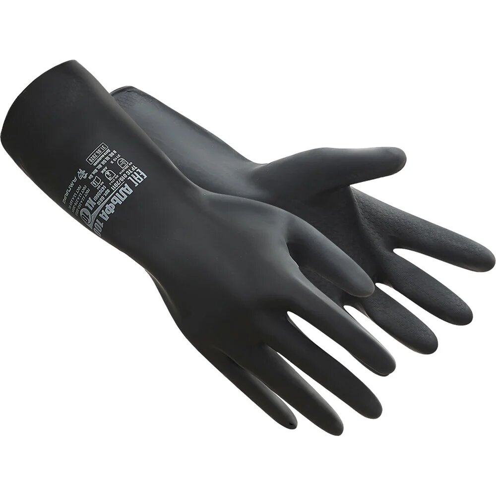 Химостойкие перчатки Ампаро Альфа 100, двухслойный латекс, черный, манжета, защита от кислот и щелочей